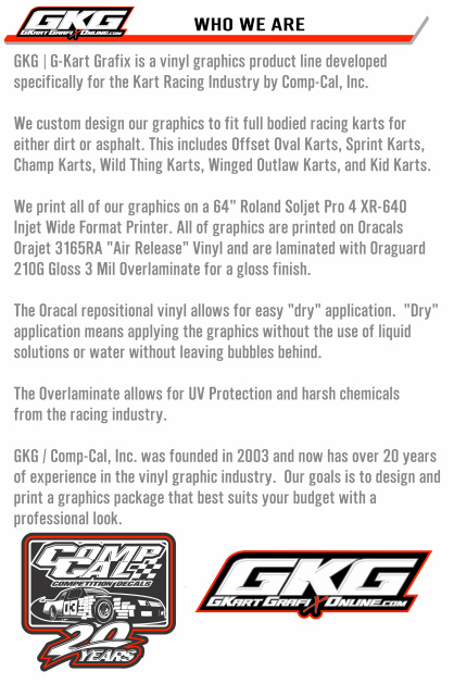 Graphics and decals for racing go-karts, oval flat karts, champ karts ...